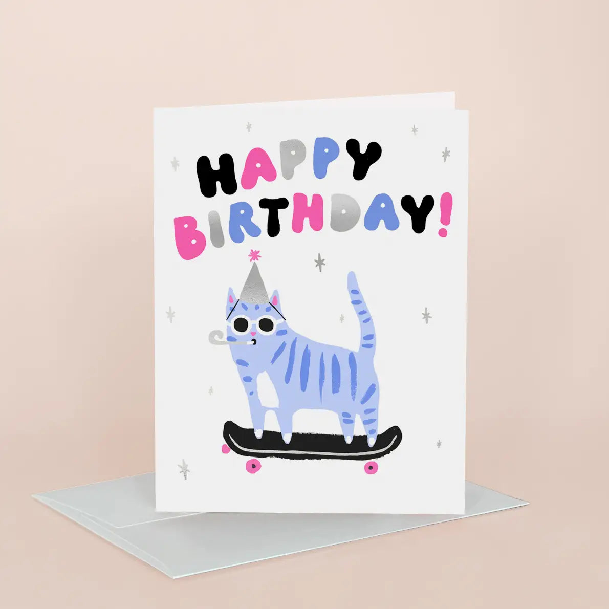 Skater Cat Birthday Greeting Card – On Paper