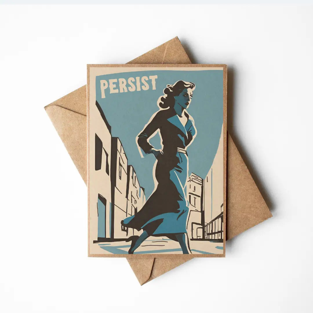 Art Deco Woman “Persist” Bookstore Greeting Card – On Paper
